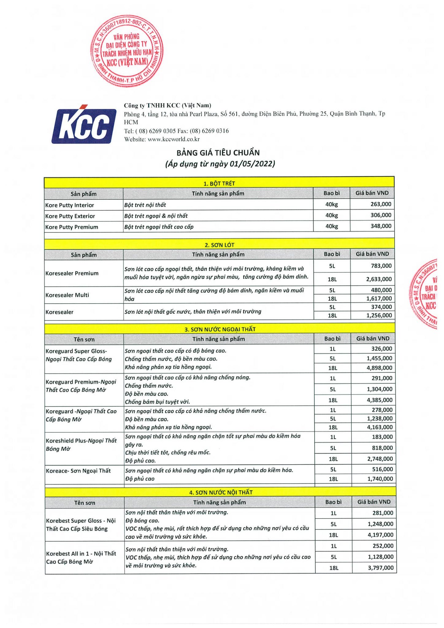 BẢNG GIÁ SƠN KCC MỚI NHẤT 2023 - Đạt Lâm