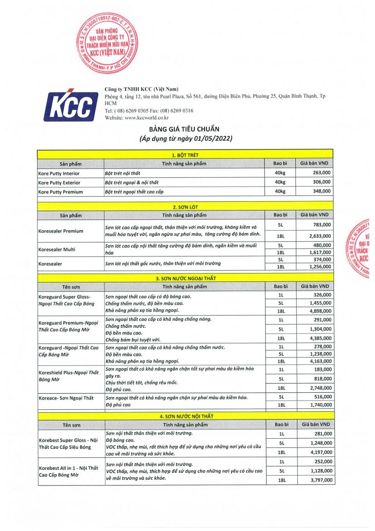 BẢNG GIÁ SƠN KCC MỚI NHẤT 2023 - Đạt Lâm